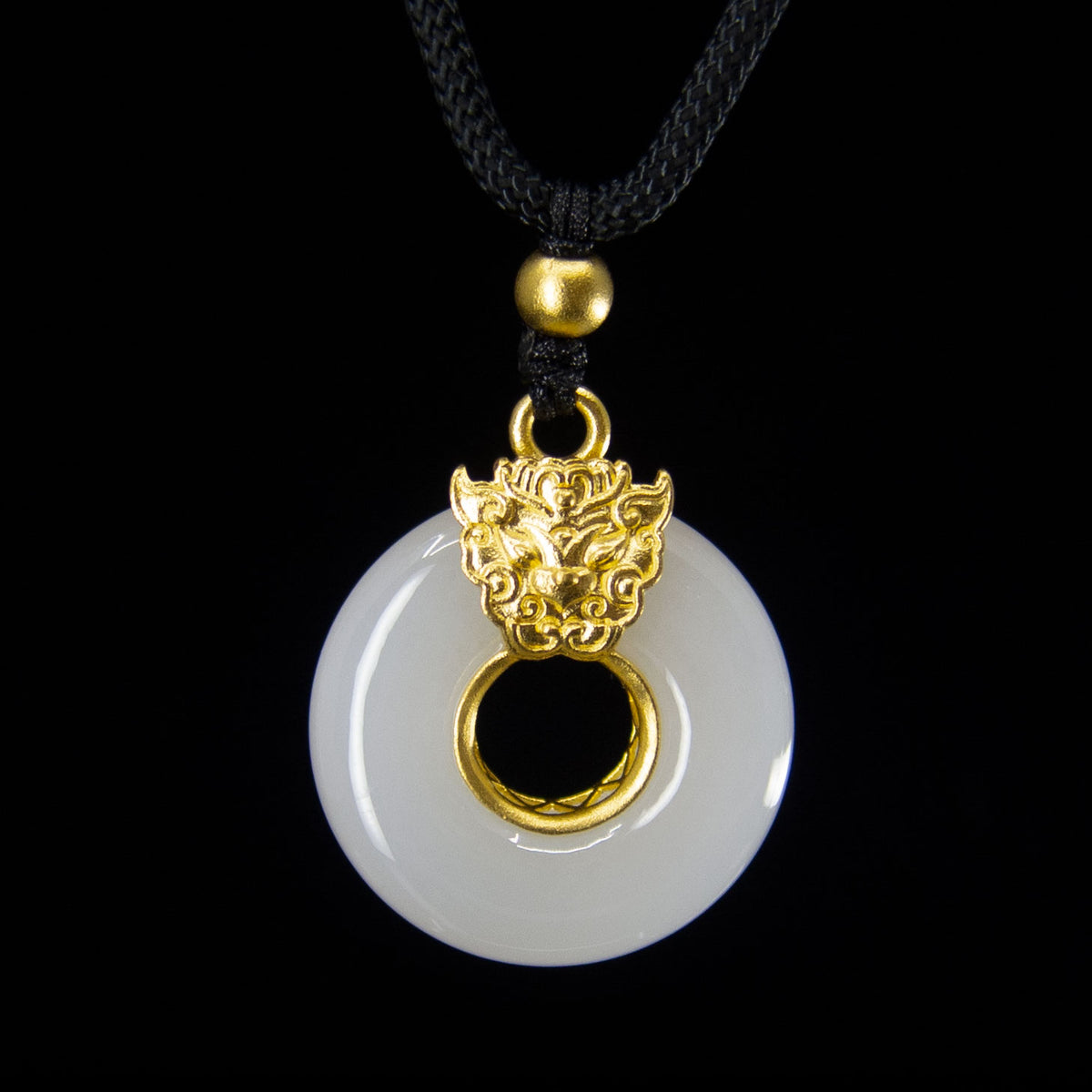 24K Gold Nephrite Auspicious Beast Necklace w Black Rope – Lao Feng ...